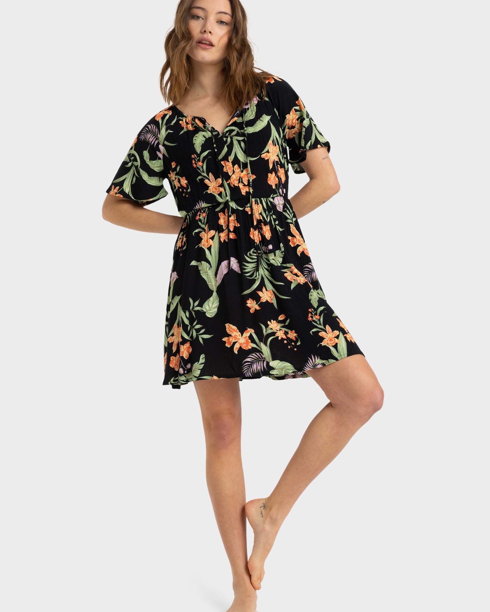 Womens Tropical Tides Crinkle Mini Dress - ANTHRACITE ISLAND ESCAPE | Roxy
