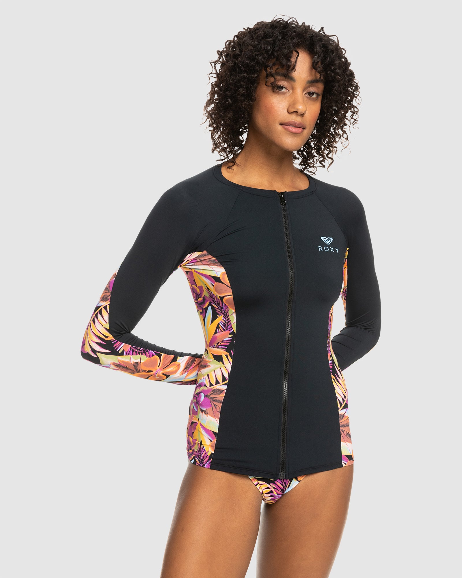 Womens Ls Zip Lycra Rashguard - ANTHRACITE HOT TROPICS SWIM AX | Roxy